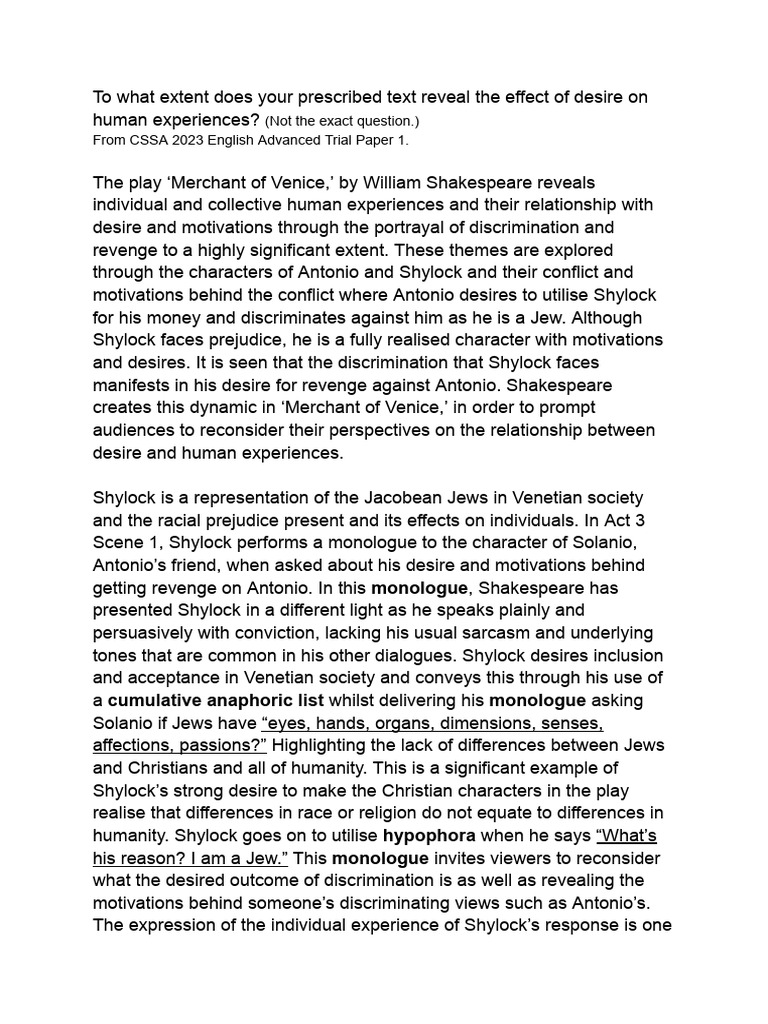 Common Module Trial Essay - Merchant of Venice (20 - 20) | PDF