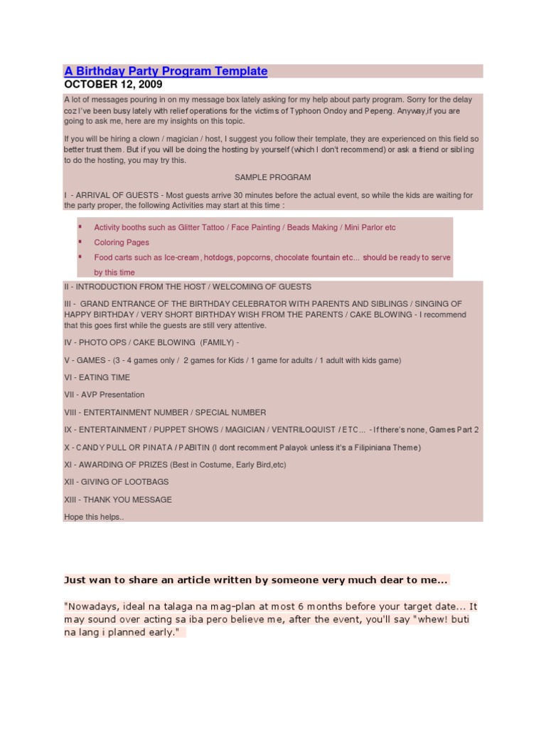 A Birthday Party Program Template | PDF | Career & Growth | Wellness