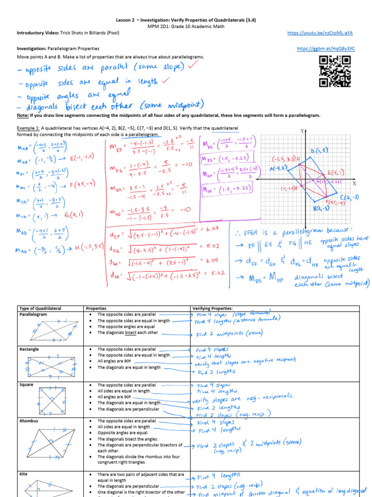 Lesson 2 (3.4) - SOLUTIONS Verify Properties of Quadrilaterals | PDF ...