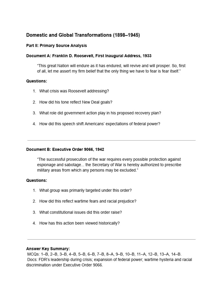Primary Source Analysis Document A - Franklin D. Roosevelt, First ...