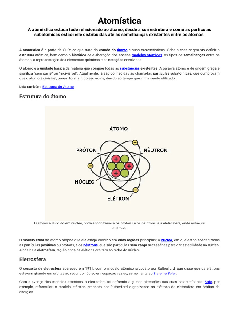 Atomística - Tudo Sobre o Átomo Você Encontra Aqui! - Brasil Escola | PDF