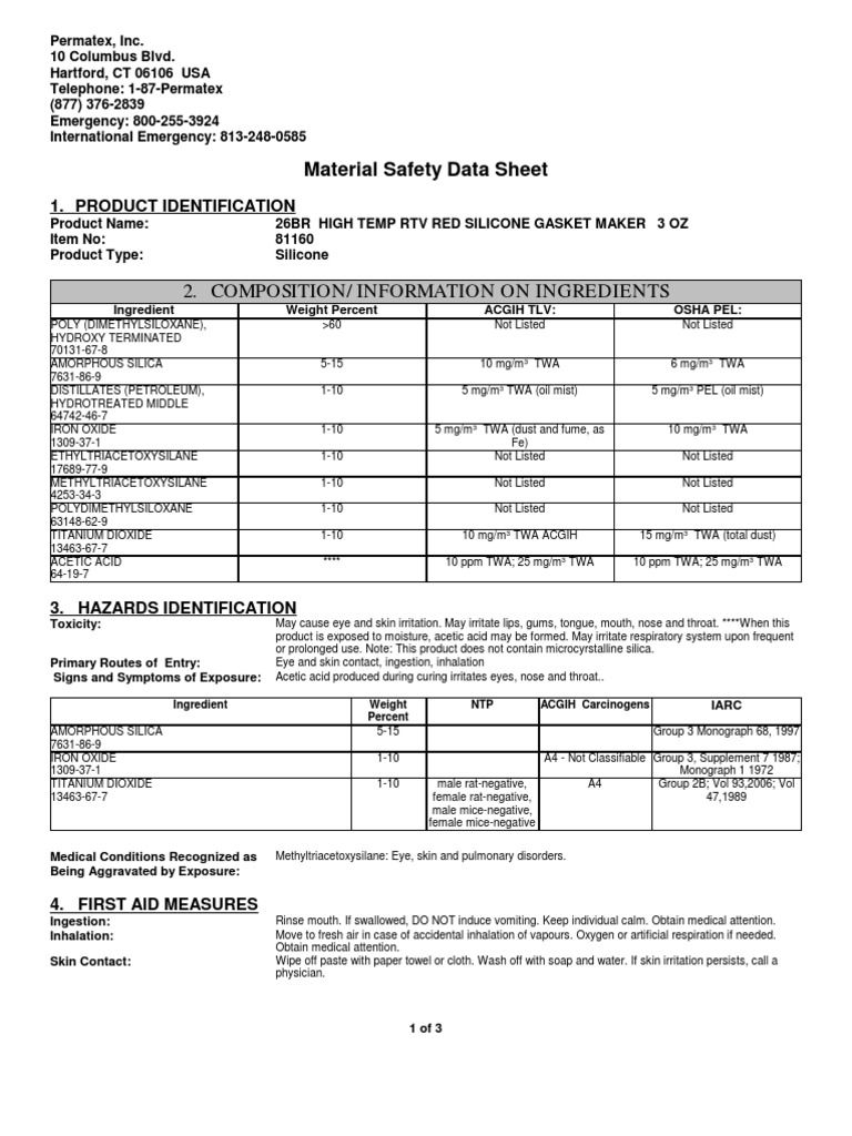MSDS-Permatex High Temp RTV 81160 | Formaldehyde | Dangerous Goods
