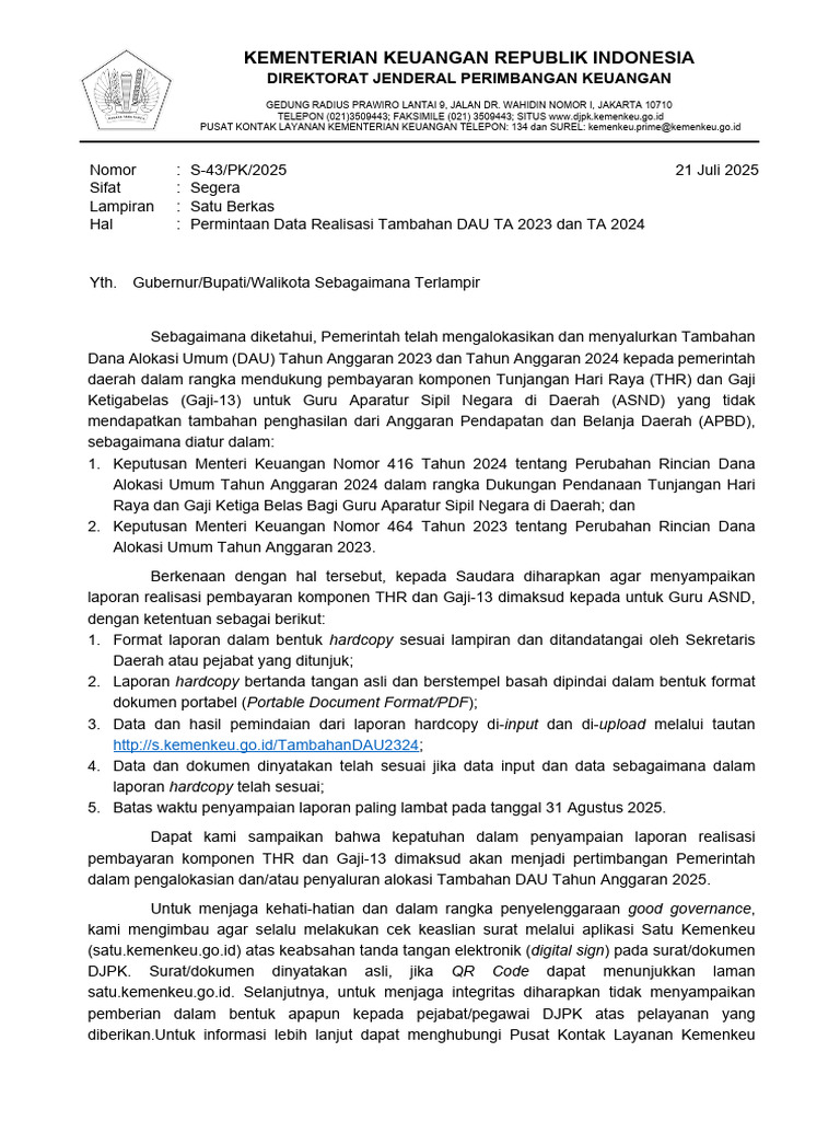 S-43 - PK - 2025 Permintaan Data Realisasi Tambahan DAU TA 2023 Dan TA ...