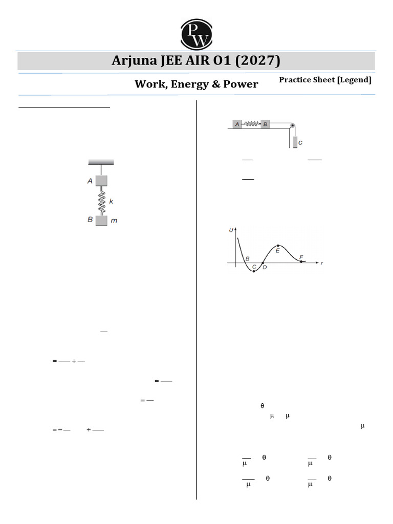 Work, Energy & Power Practice Sheet (Legend) Arjuna JEE AIR O1 (2027) | PDF