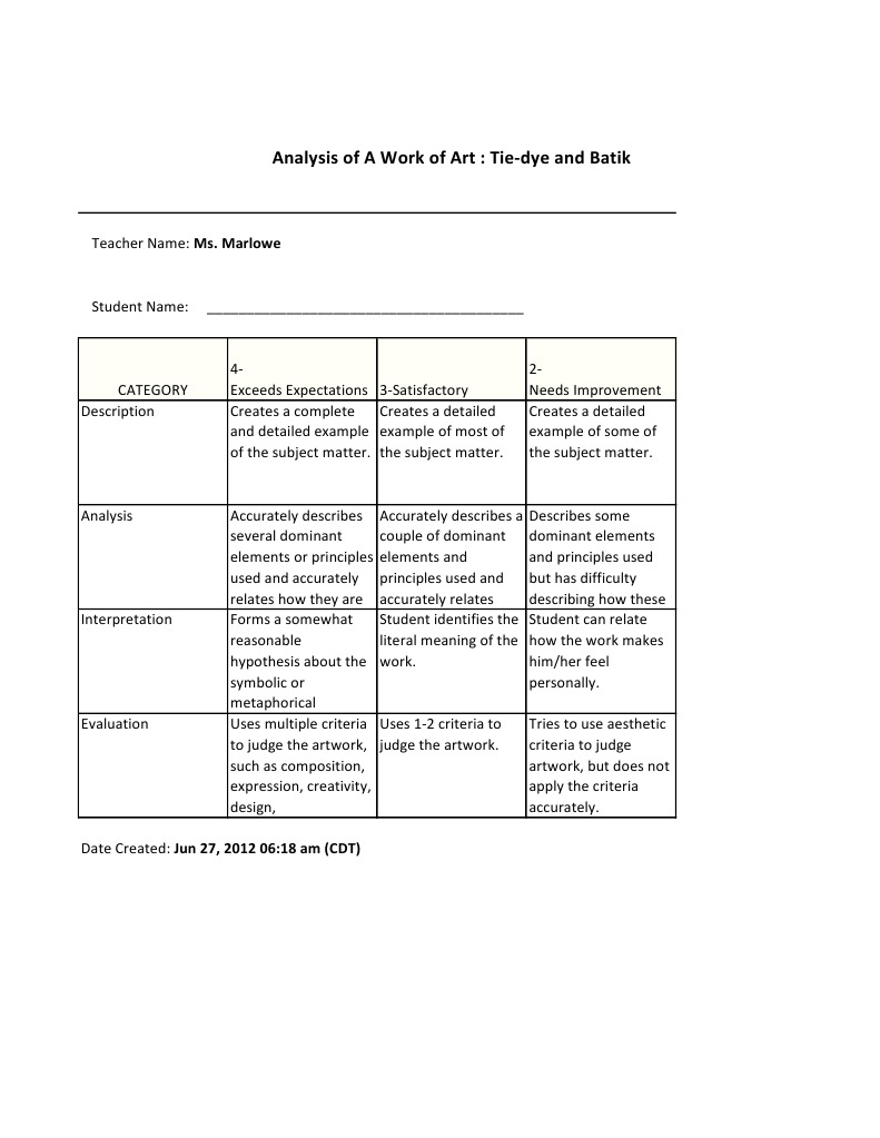 Analysis of A Work of Art: Tie-Dye and Batik Rubric | PDF
