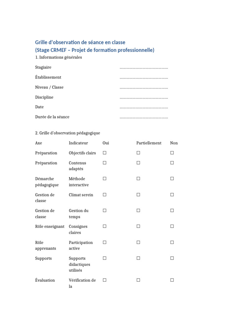 Grille Observation Stage CRMEF | PDF