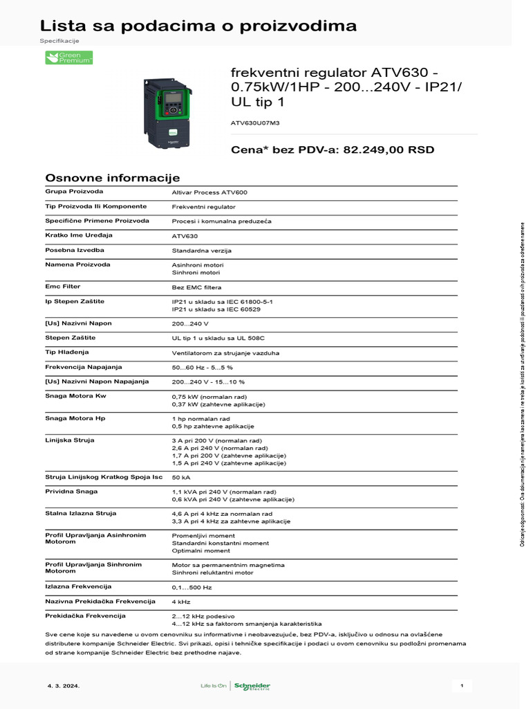 Schneider Electric Altivar-Process-ATV600 ATV630U07M3 | PDF