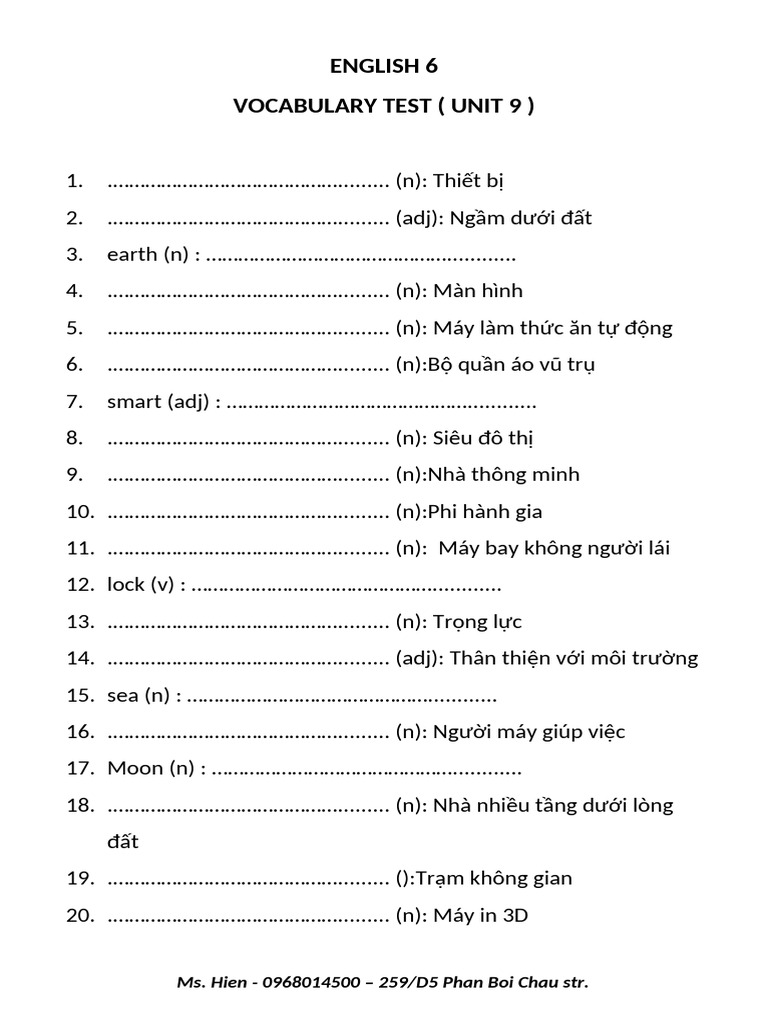 Grade 6 Vocab u9- 02 Bản in Ngang | PDF