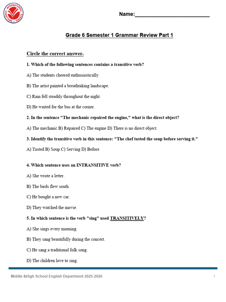 Gr.6 Grammar Review 2025-2026 | PDF | Subject (Grammar) | Verb