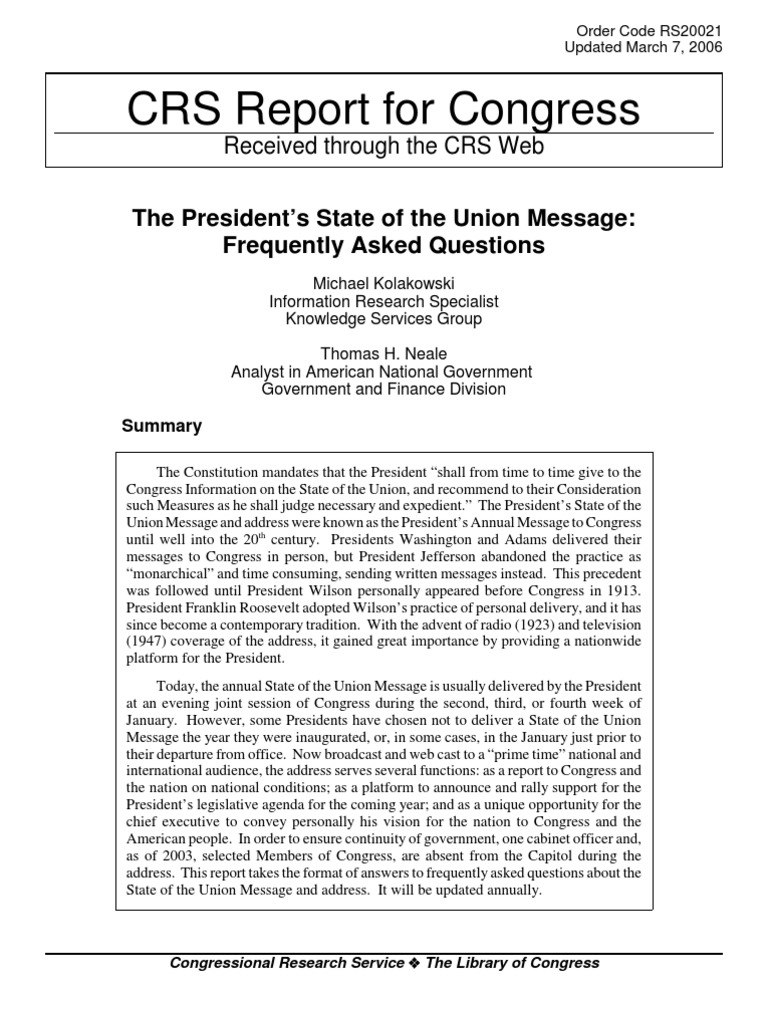 CRS Report: The President's "State of The Union" FAQ | PDF | State Of ...