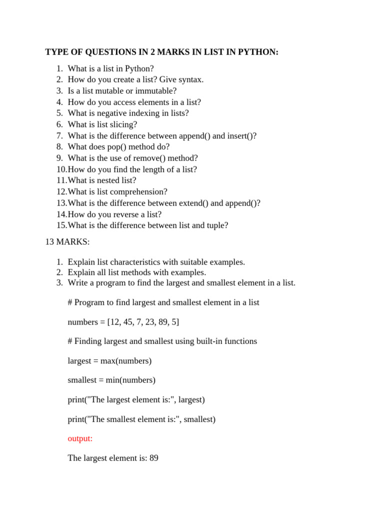 TYPE of QUESTIONS in List, Tuple, Set, and Dictionary in Python | PDF ...