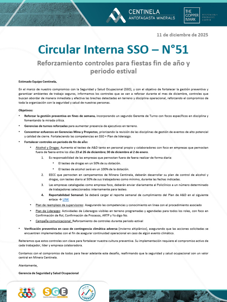 Circular SSO N°51 - Reforzamiento Controles Fin de Año y Periodo ...