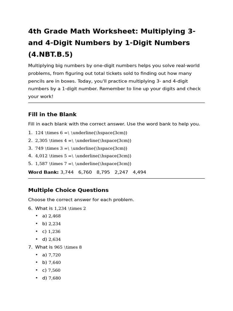 Multiplying 3 - and 4-Digit Numbers by 1-Digit Numbers Worksheet (4.NBT ...