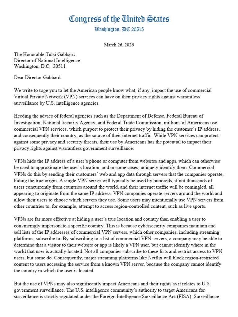 Congressional VPN Letter To Dni | PDF | Virtual Private Network ...
