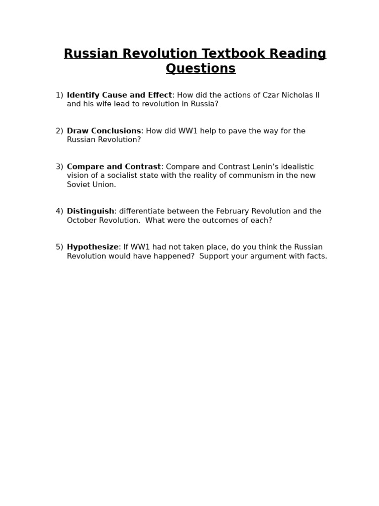 Russian Revolution Textbook Reading Questions | PDF