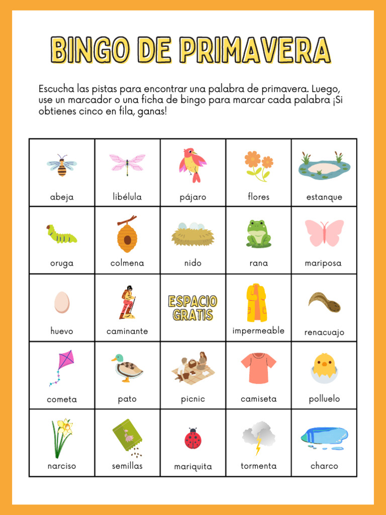 Bingo de Primavera para Terapia Del Habla en Un Colorido Ilustrado ...