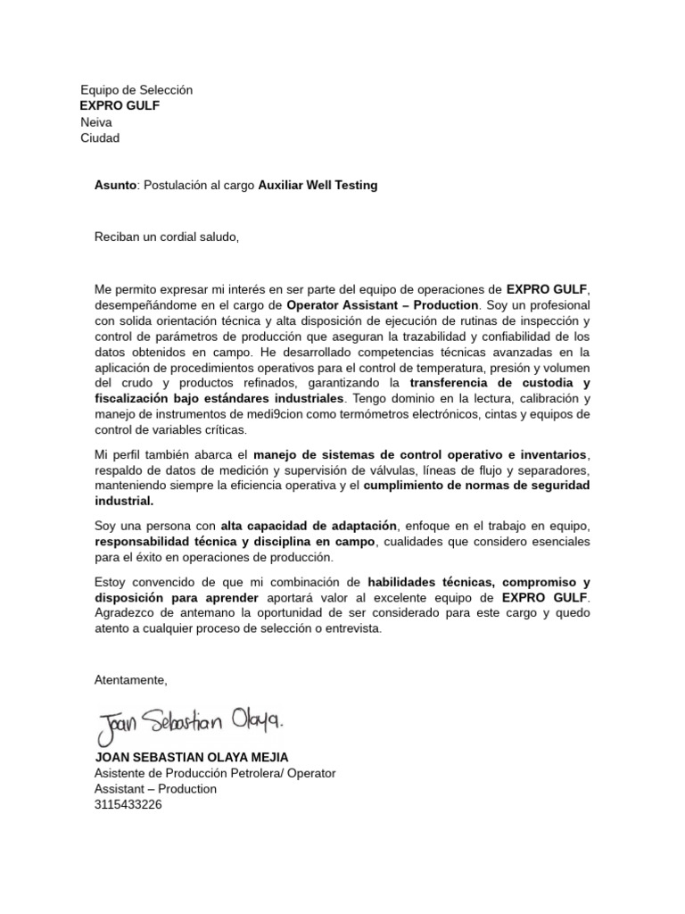 Carta Presentacion Joan Olaya EXPRO GULF | PDF