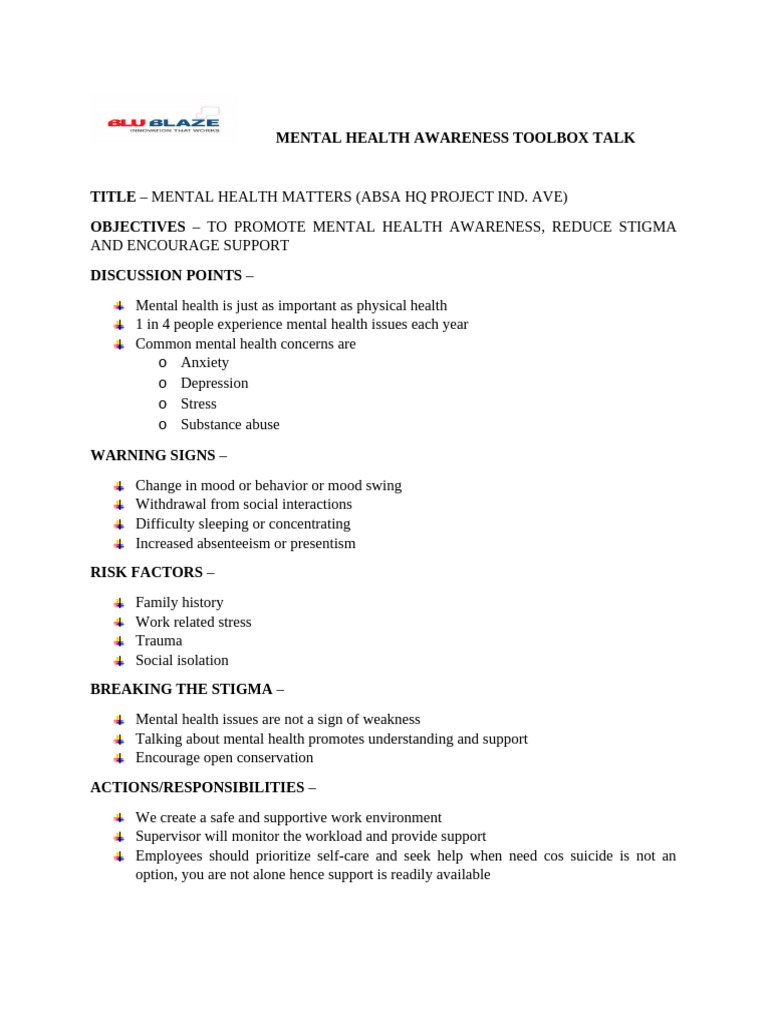 Mental Health Awareness Toolbox Talk | PDF