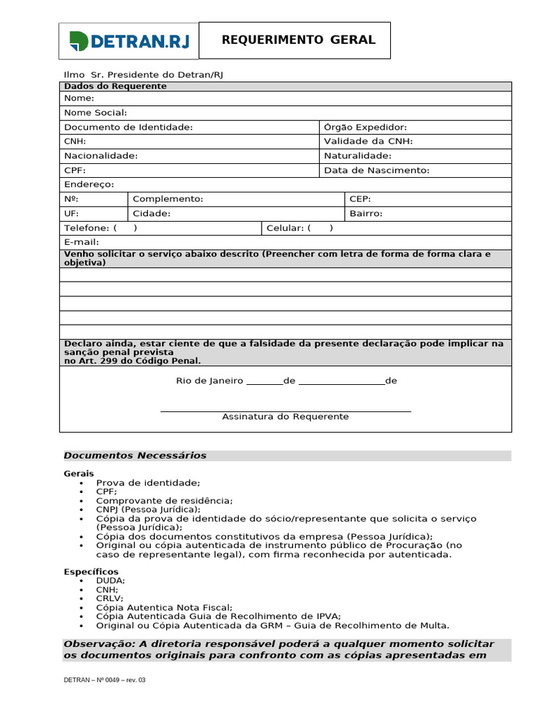 DETRAN 0049 Requerimento Geral | PDF