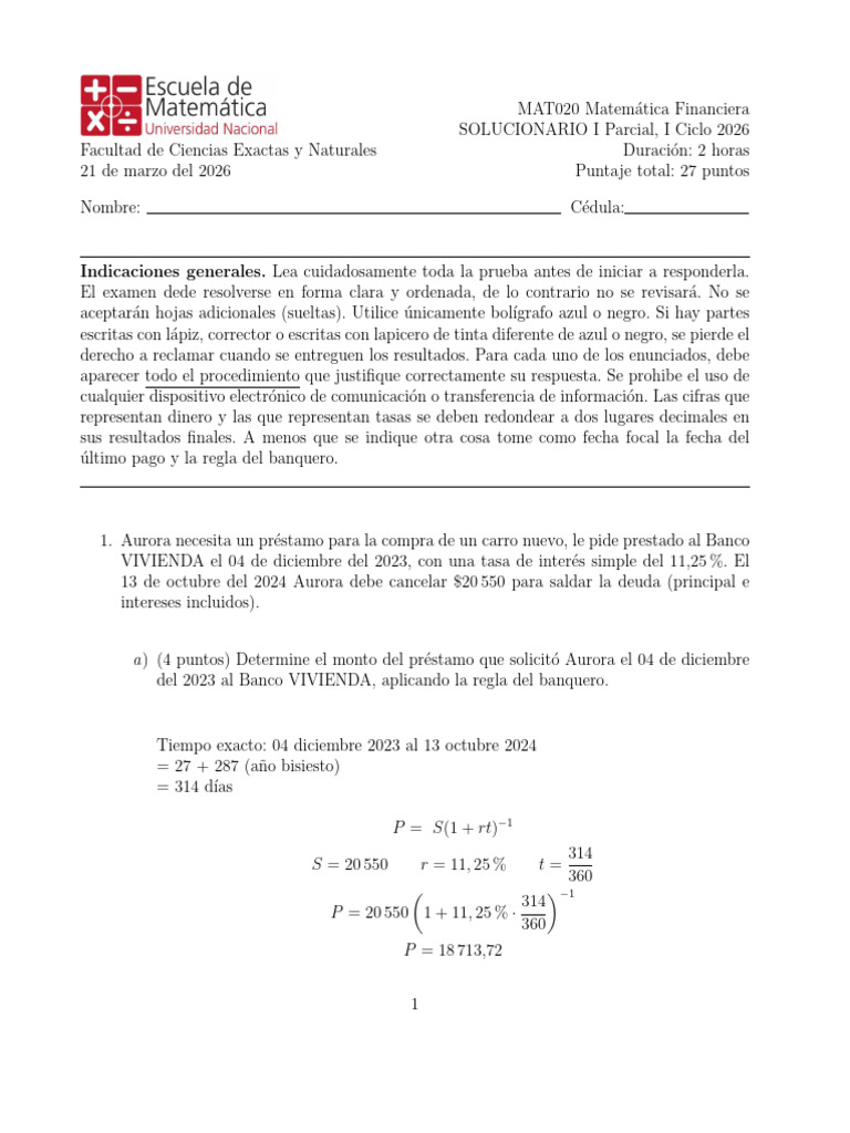 I Parcial, I Ciclo 2026, Matemática Financiera, SOLUCIONARIO | PDF ...