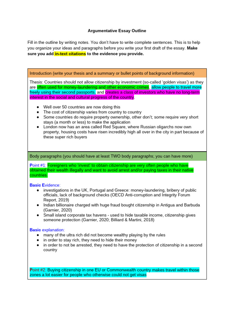 ENG102 Unit 2 Lesson 12 Example Argumentative Essay Outline Template | PDF