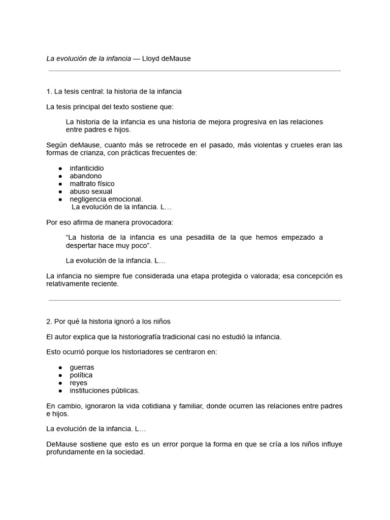 La Evolución de La Infancia - Lloyd Demause Resumen | PDF