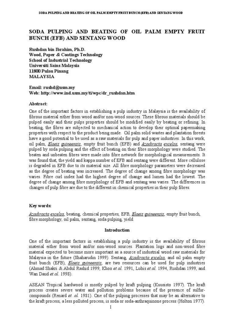 Soda Pulping of EFB and Sentang Wood | PDF | Pulp (Paper) | Sodium ...