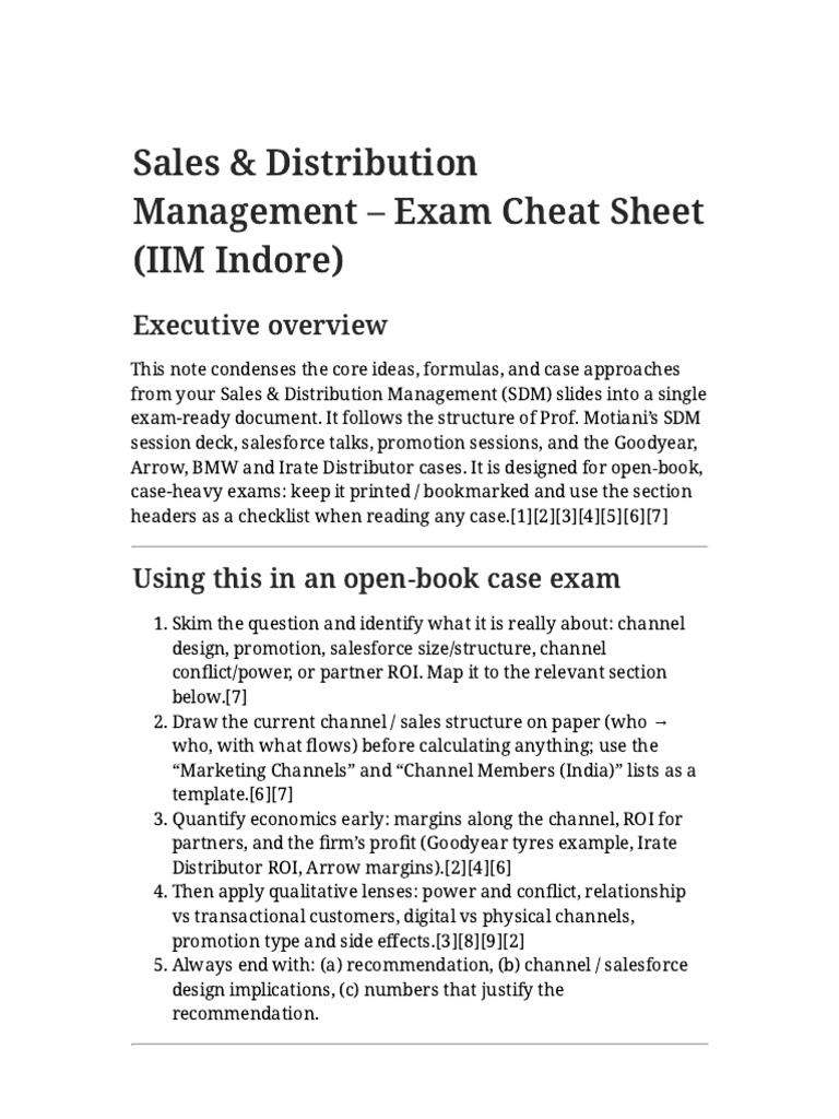 Sales & Distribution Management - Exam Cheat Sheet (IIM Indore) | PDF