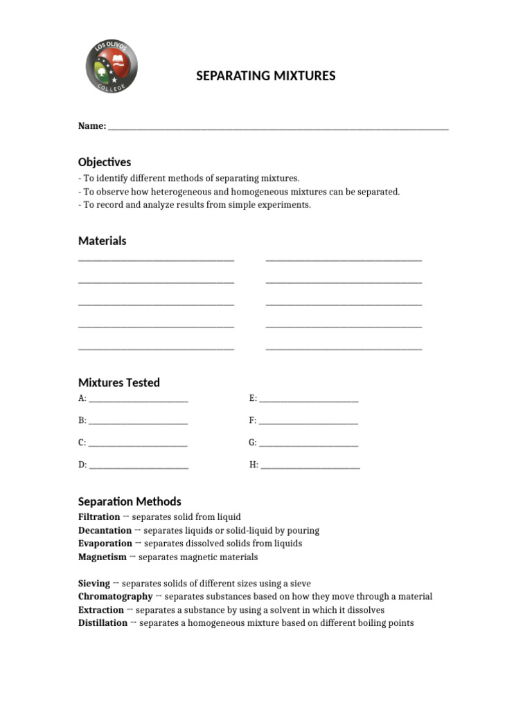 Separating Mixtures Worksheet | PDF