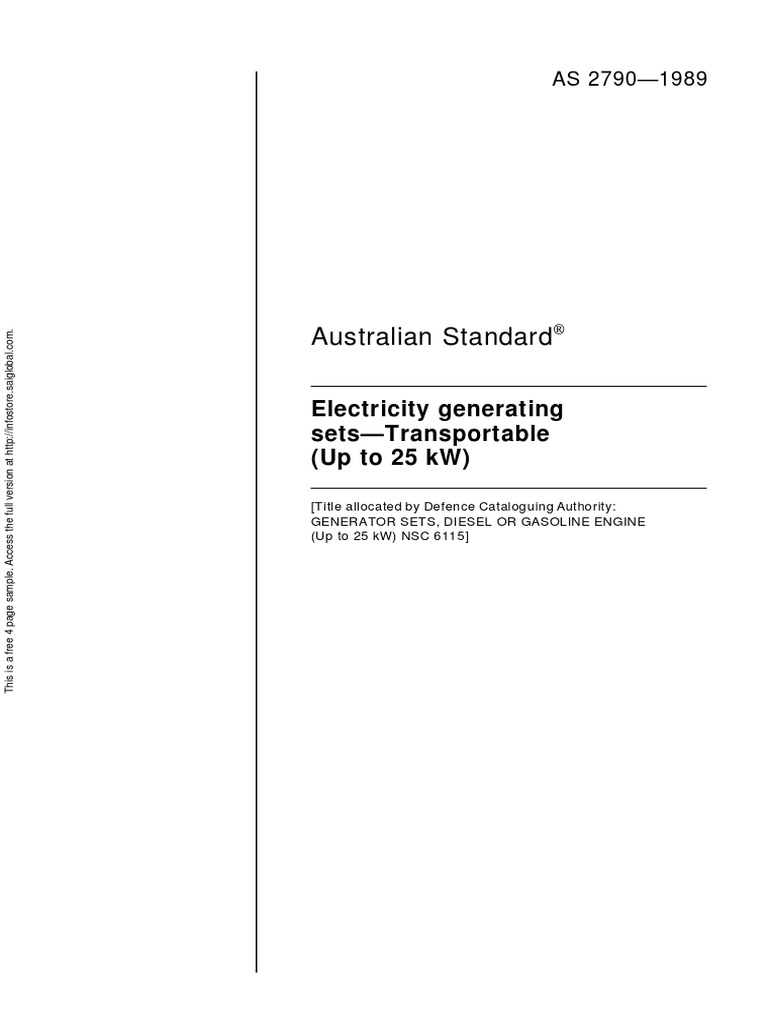 As 2790-1989 Electricity Generating Sets - Transportable (Up To 25 KW ...