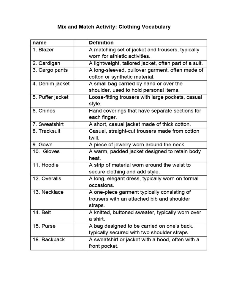 Mix and Match Clothing Vocabulary | PDF