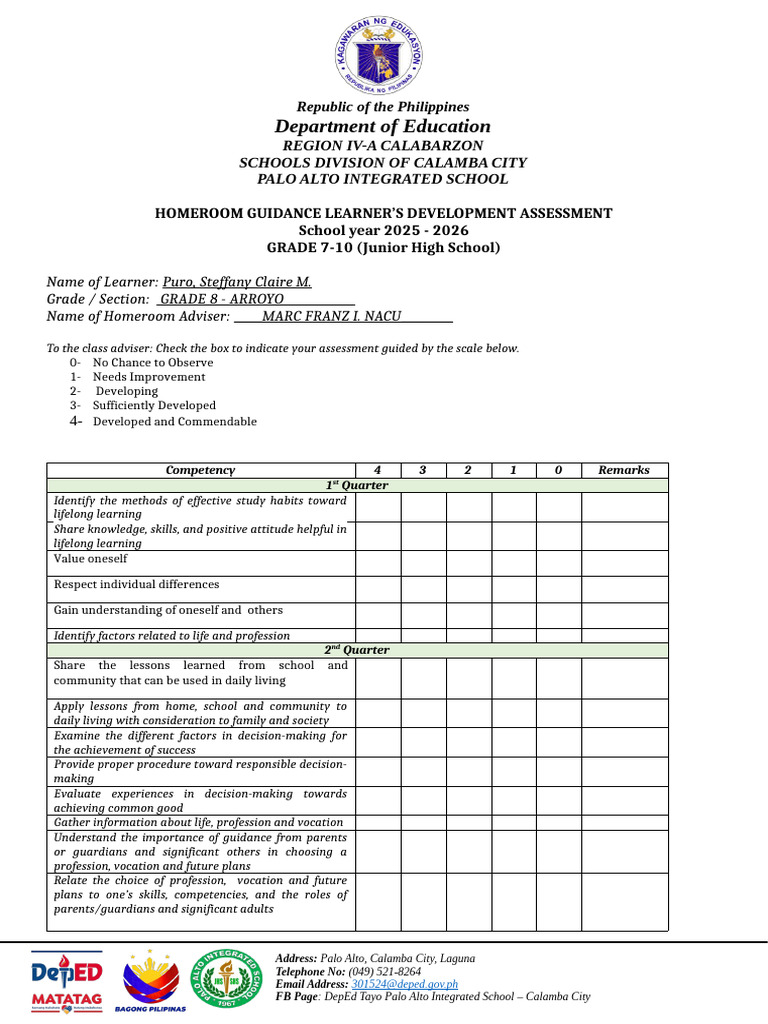 2024 2025 JHS Homeroom Guidance Assessment Form | PDF | Learning ...