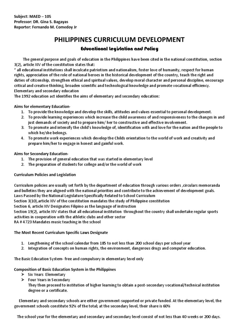 An Overview of the Philippine Curriculum: Educational Goals, Policies ...