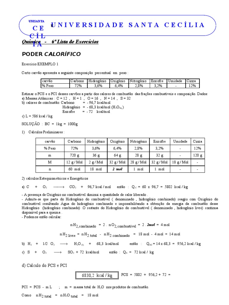 Cálculo do Poder Calorífico Superior (PCS) e Poder Calorífico Inferior ...