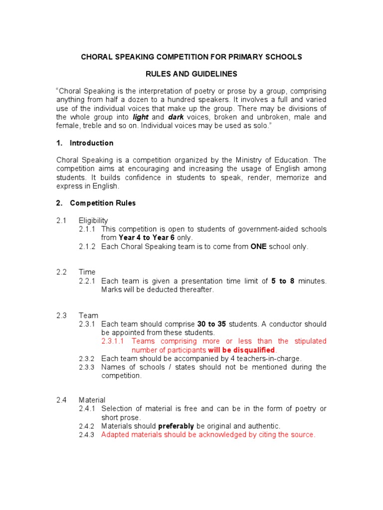 Choral Speaking Competition Guidelines | PDF | Singing | Entertainment ...