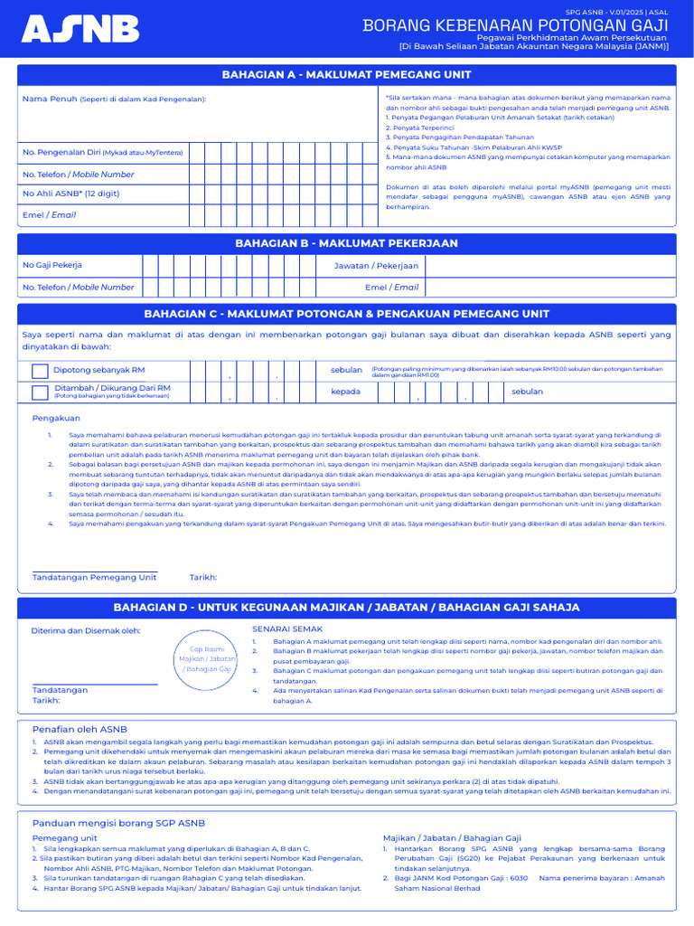 SPG Asnb Form - Borang Kebenaran Potongan Gaji Pegawai Awam | PDF