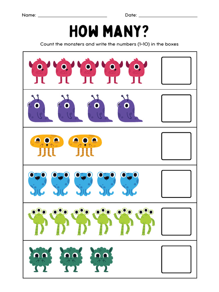 How Many Monsters Math Worksheet in Colorful Playful Style | PDF