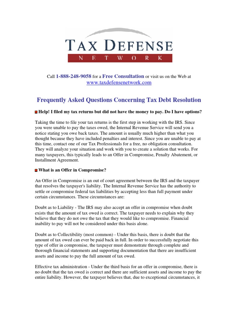 Tax Defense Network FAQ | PDF | Internal Revenue Service | Government ...