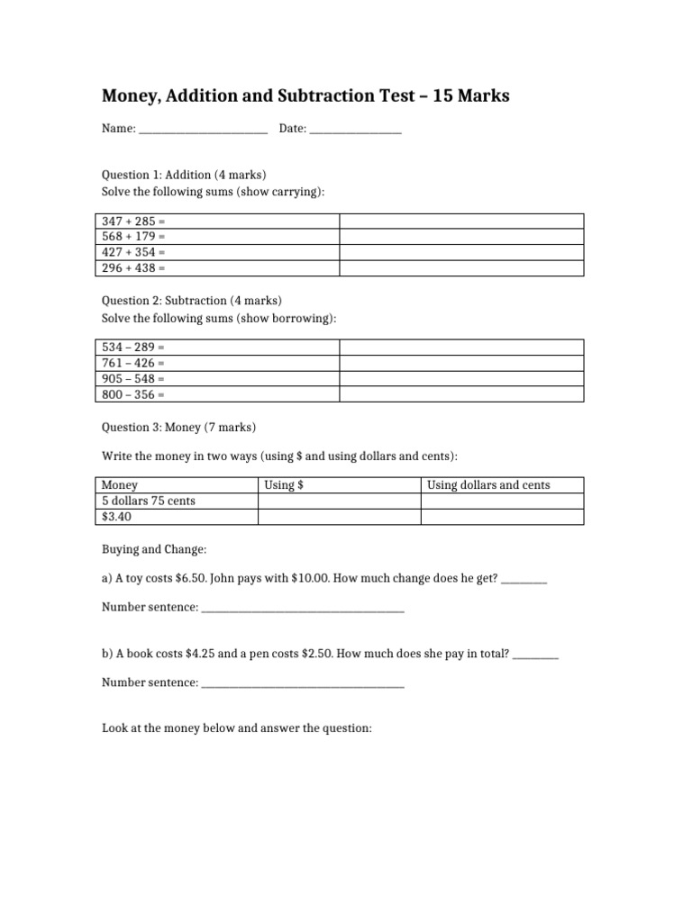 Grade3 Money Test-1 | PDF