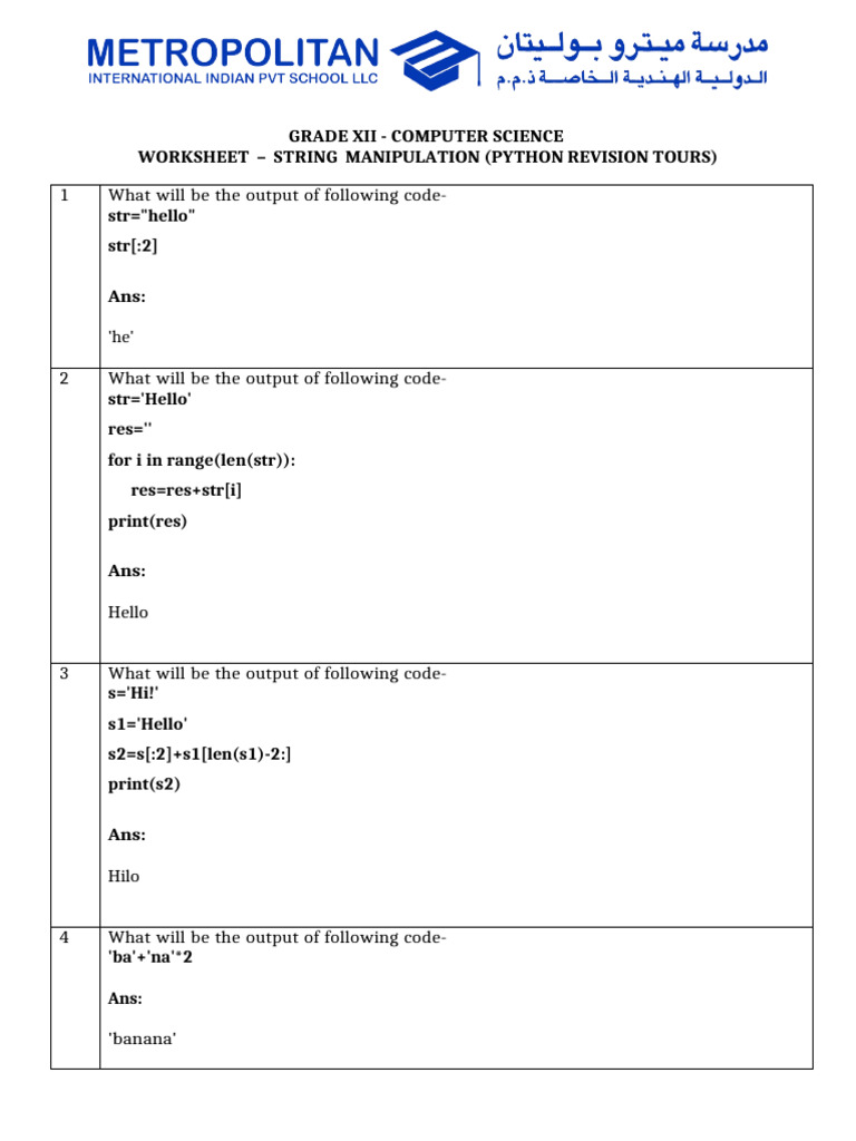 CBSE - Worksheet - Strings | PDF