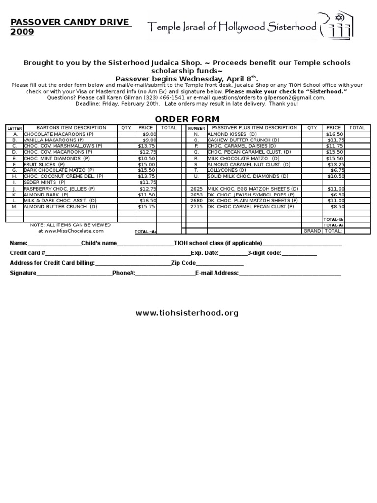 2009 Passover Candy Drive Order Form | PDF | Desserts | Foods