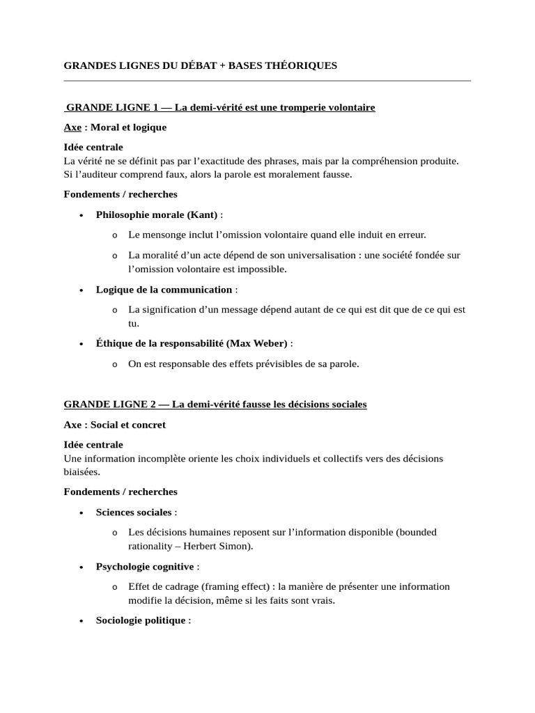 GRANDES LIGNES DU DÃ_BAT | PDF | Vérité | Moralité