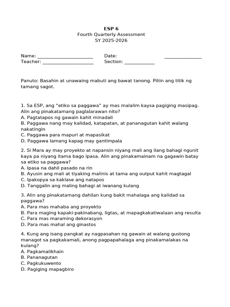 ESP 6 Fourth Quarterly Assessment SY 2025-2026 DepEdClick | PDF