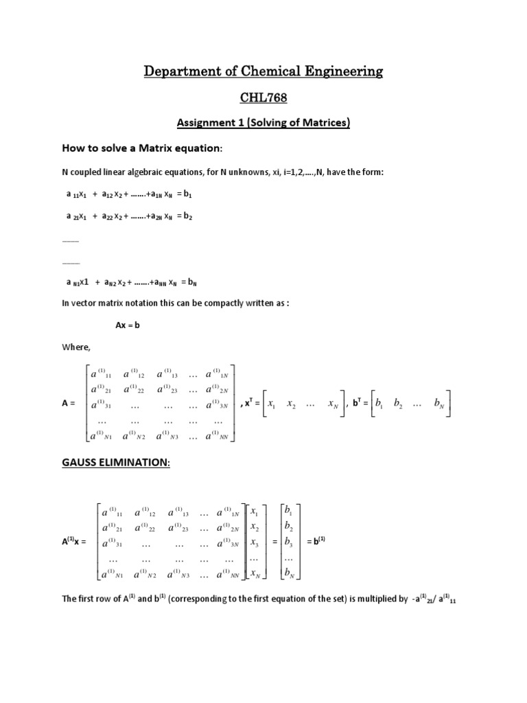 Department of Chemical Engineering: Assignment 1 (Solving of Matrices ...