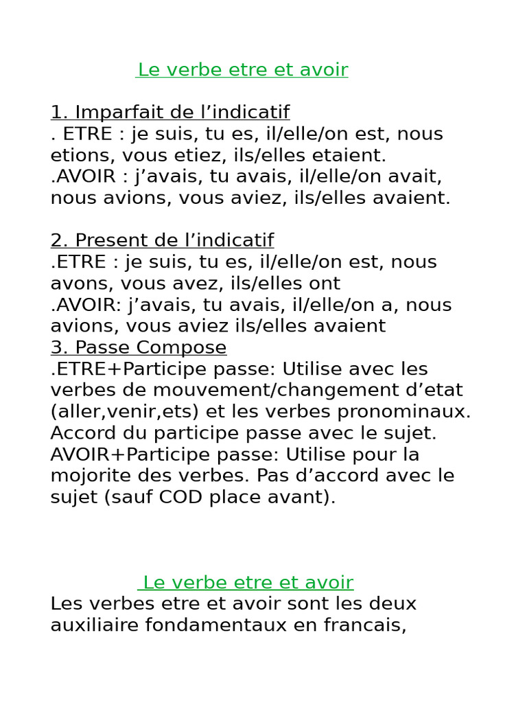 Le Verbe Etre Et Avoir Synthese | PDF