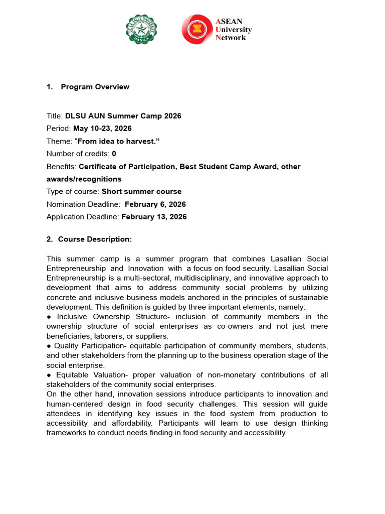DLSU-AUN Summer Camp 2026 Program Overview | PDF | Social Enterprise ...