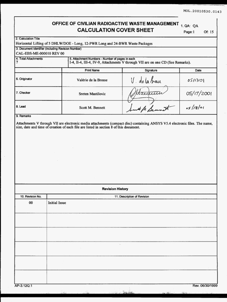 Calculation Cover Sheet: Office of Civilian Radioactive Waste ...