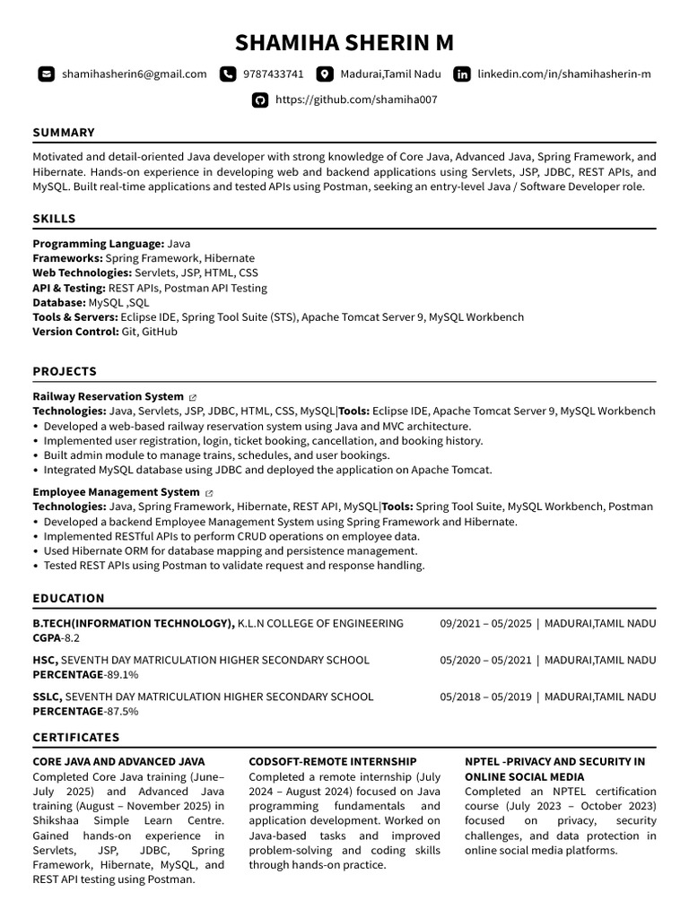 Shamiha Resume | PDF | Spring Framework | Java (Programming Language)