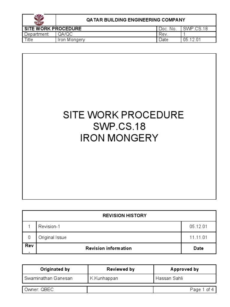Iron Mongeries-Method Statement | PDF | Door | Screw