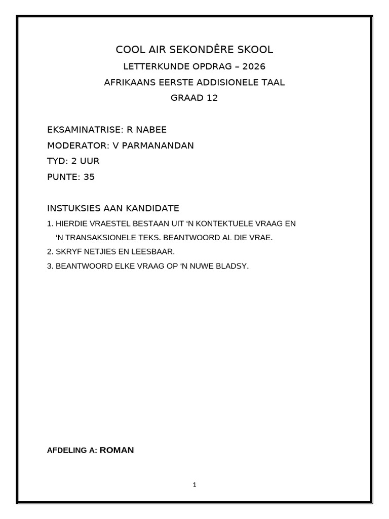 Grade 12 Term 2 Afrikaans Letterkunde Opdrag - Docx 2026 | PDF